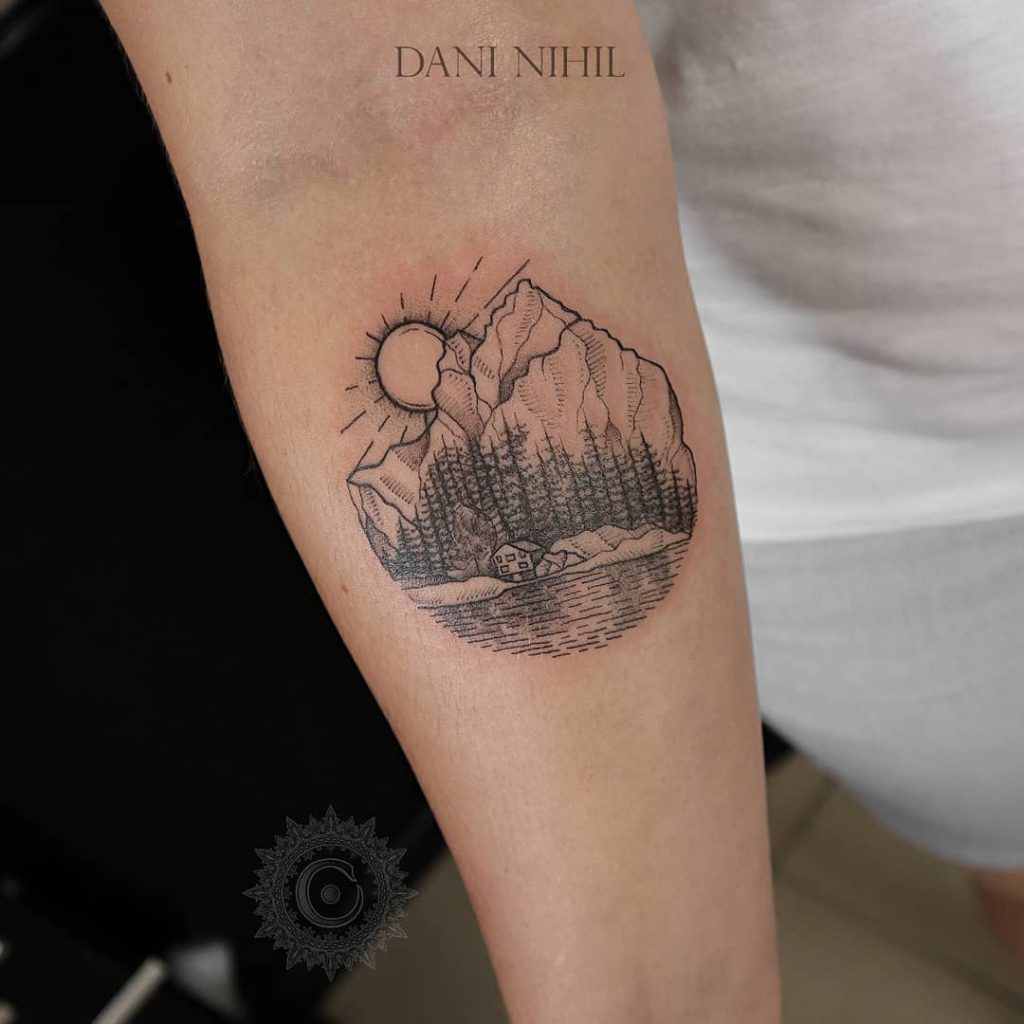 Mountain scene Tattoo by Dani Nihil | Fine line style - Inkably.co.uk